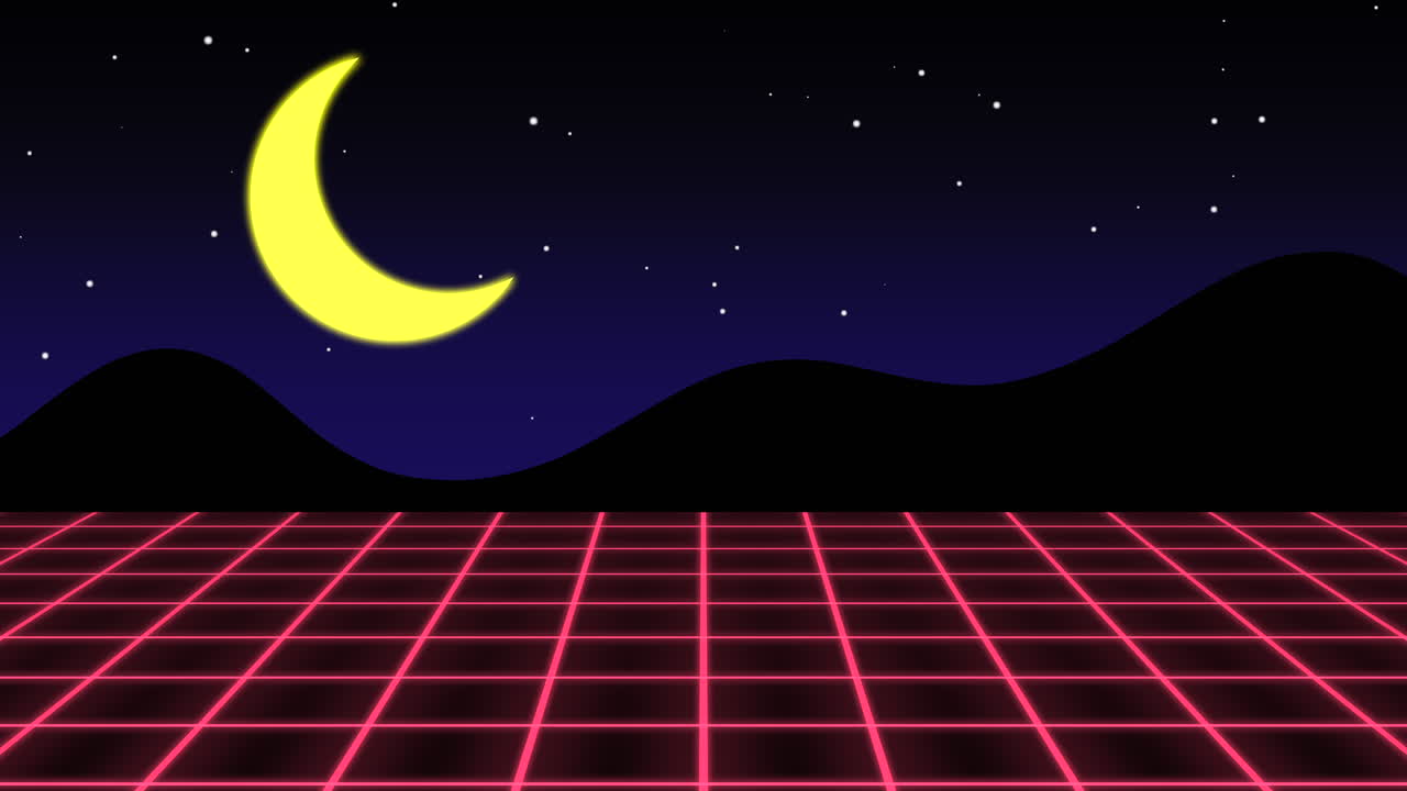 Premium stock video - Motion retro red grid and big moon and mountains