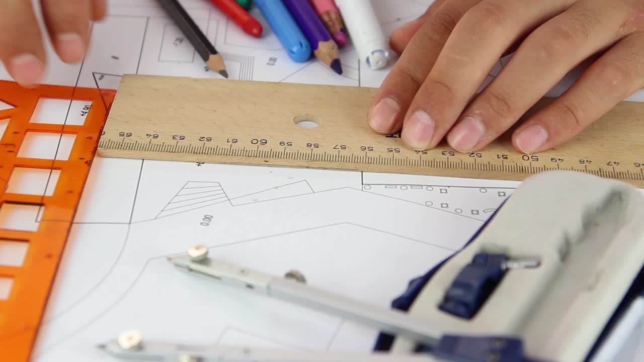 Premium stock video - Architect student drawing project building