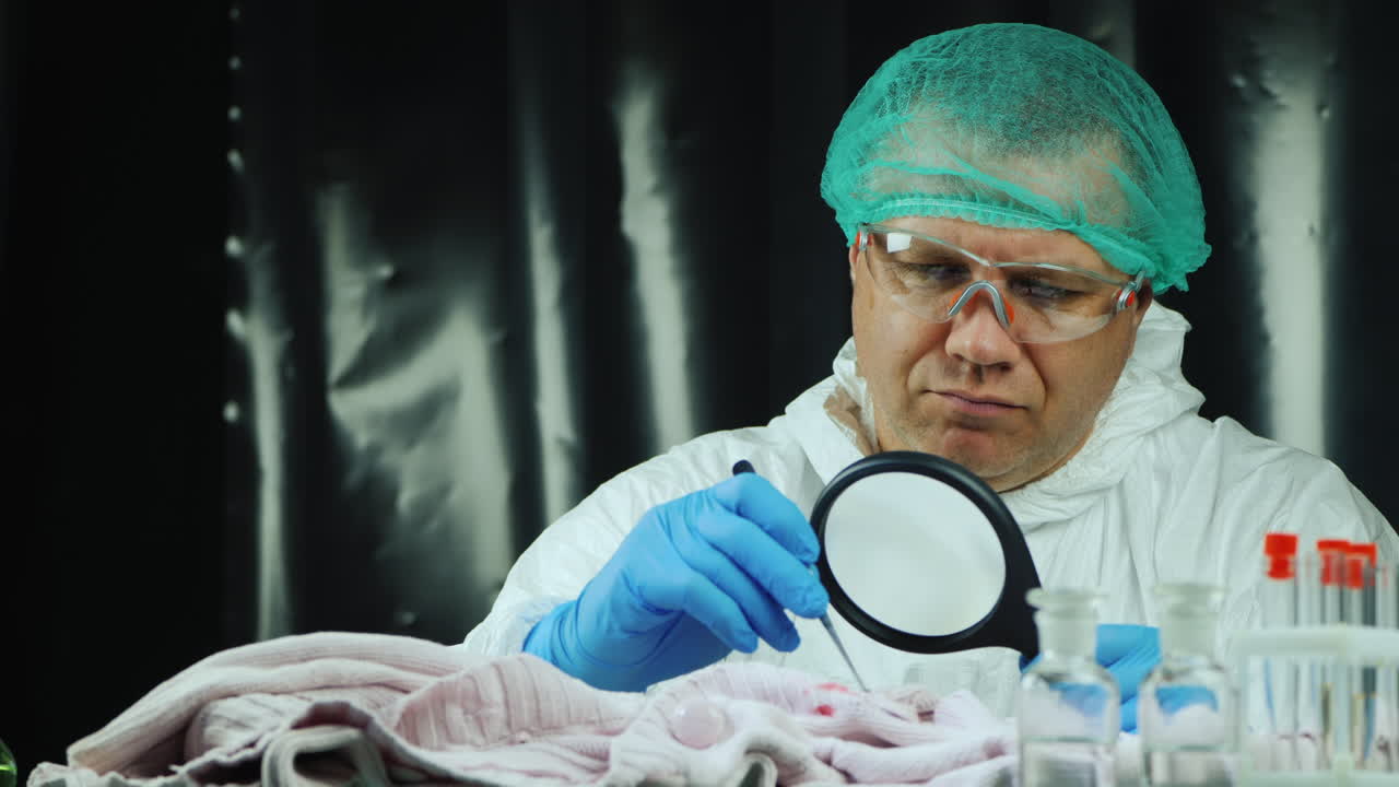 Premium stock video - Crime lab worker examines evidence on clothes 8