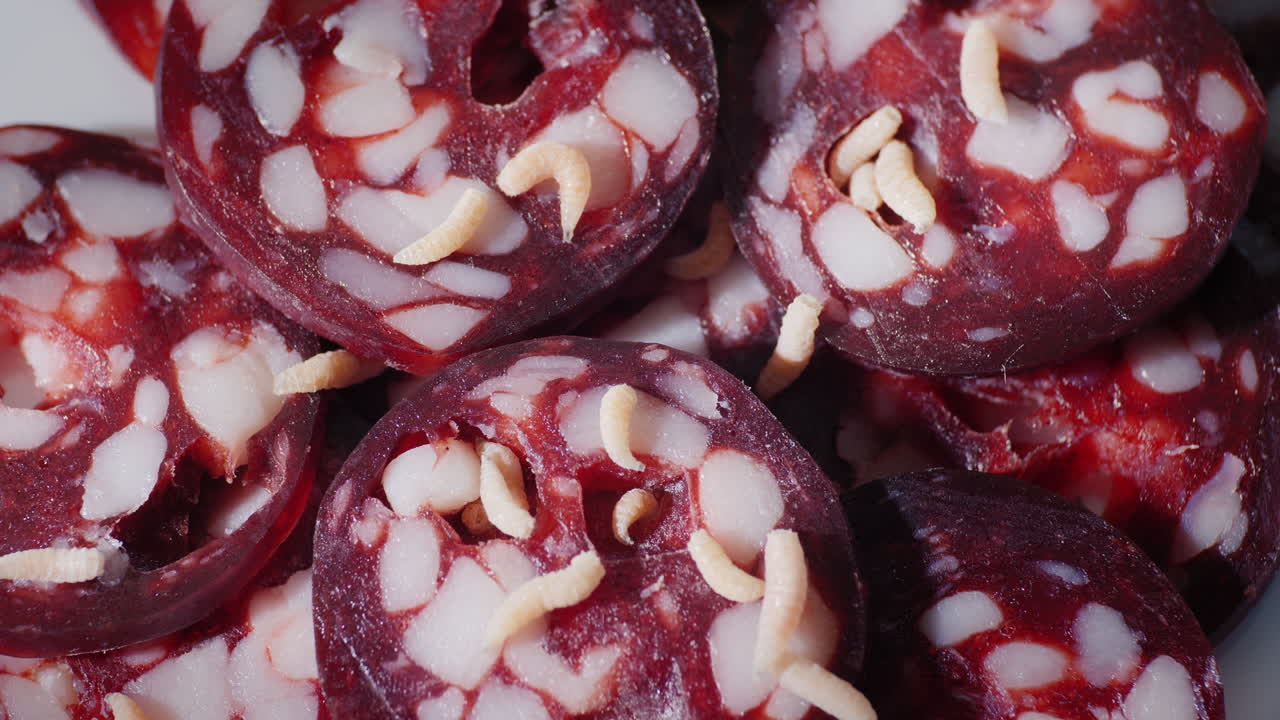 Premium stock video - Rotten sausage with maggots
