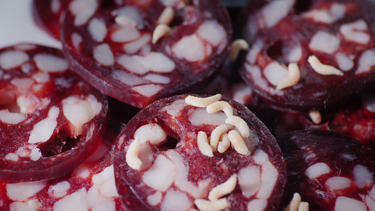 Premium stock video - Rotten sausage with maggots 1