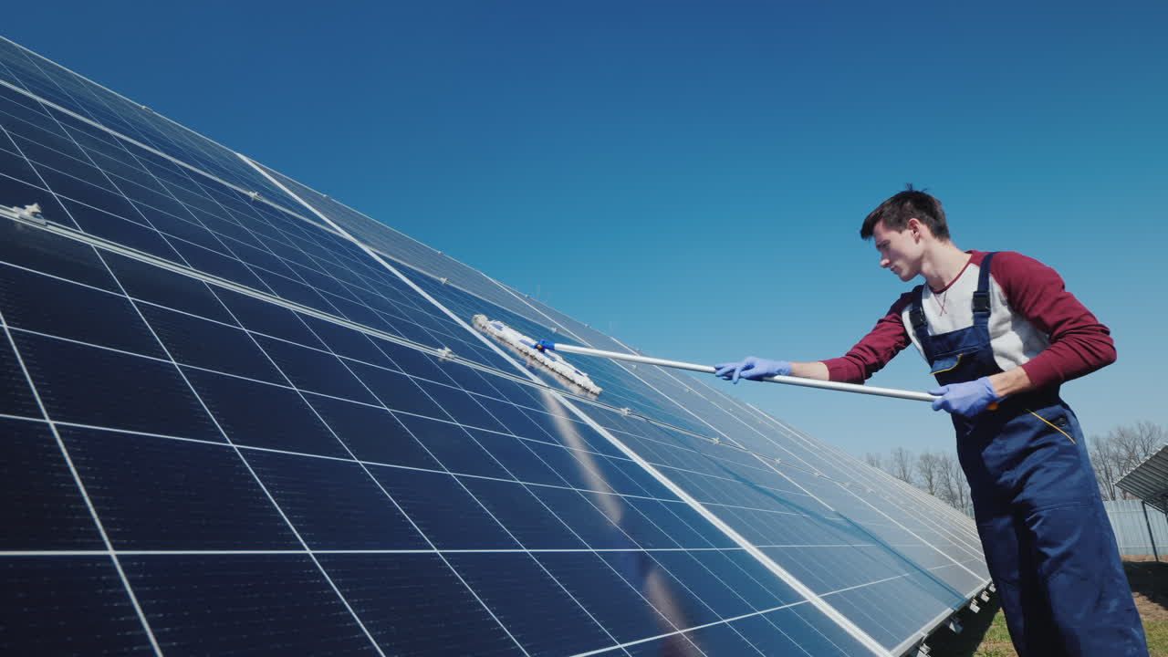 Premium stock video - Side view of man washing solar panels at home ...