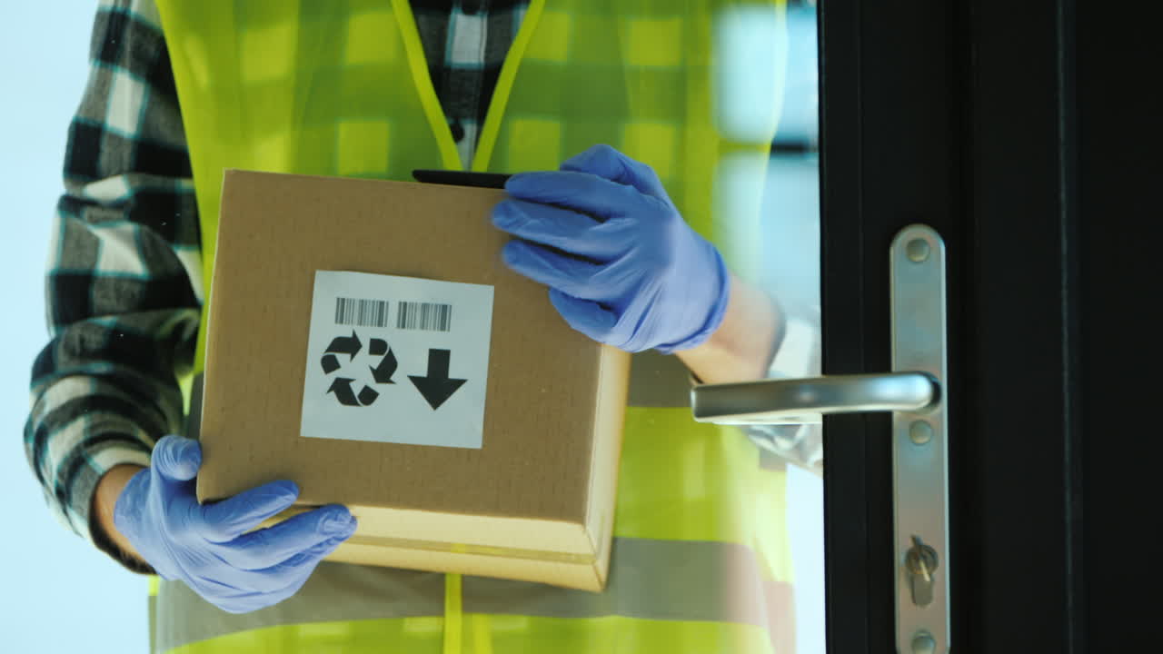 Premium stock video - The postman delivers the parcel to the recipient ...