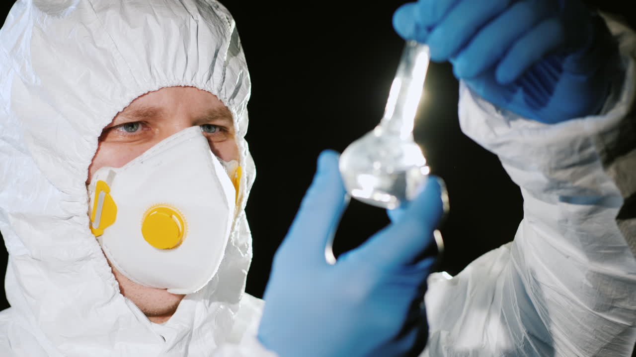 Premium stock video - A male lab technician looks at a transparent ...