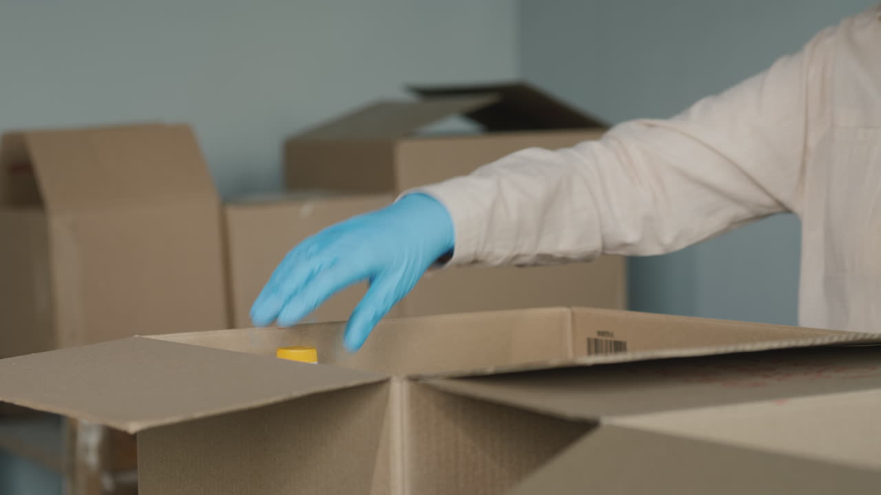 Premium stock video - Volunteer's hands wearing protective gloves put ...