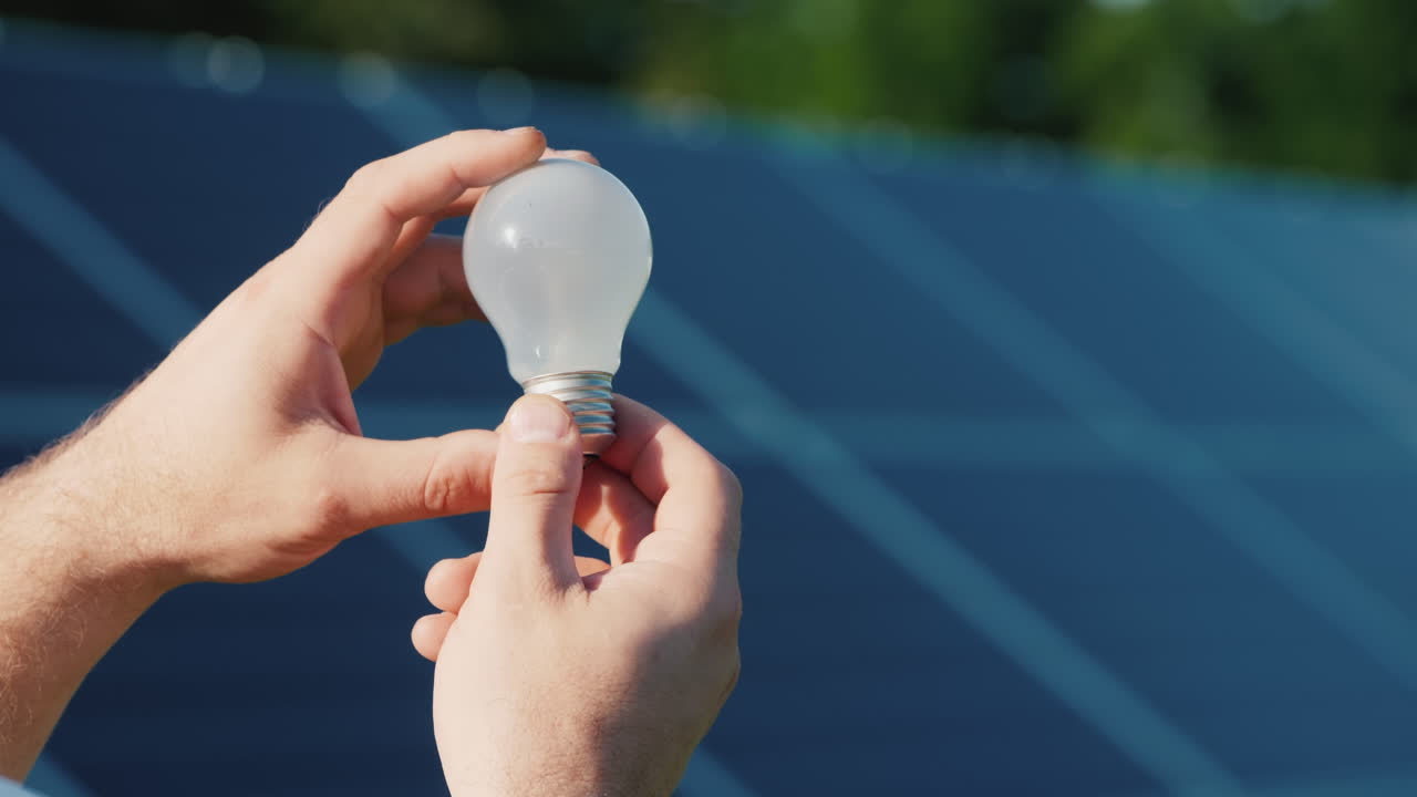 Premium stock video - Man's hands hold a light bulb against the ...