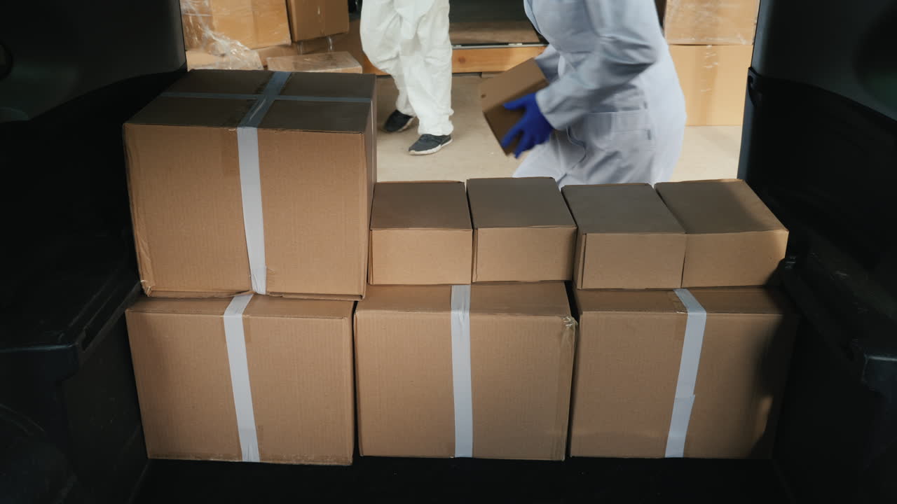 Premium stock video - Staff unload boxes of medicines