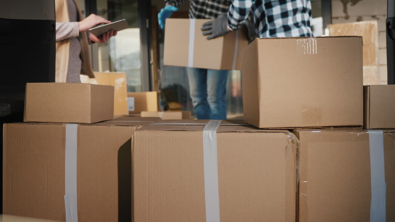 Premium stock video - Delivery workers load boxes into the trunk of a car