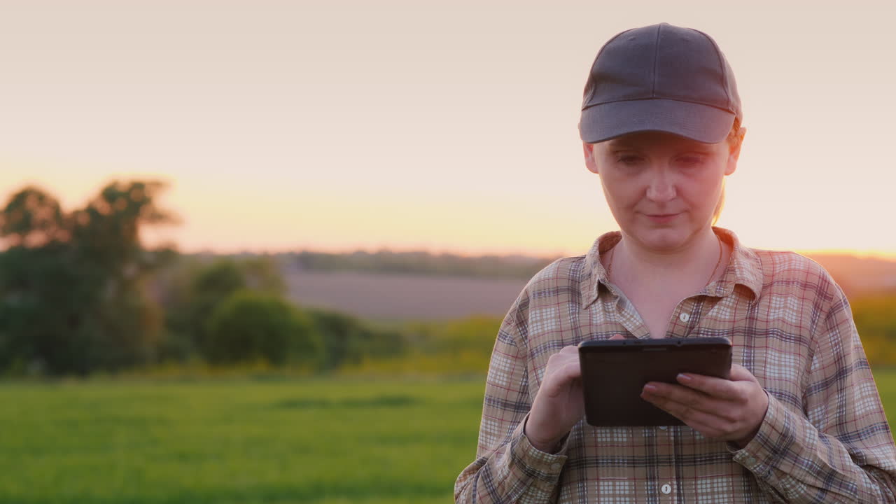 Premium stock video - A female farmer works in a field using a tablet