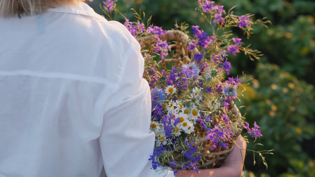 Vidéo de stock Premium - Femme porte un panier avec des fleurs sauvages Vidéo de stock Premium - Femme porte un panier avec des fleurs sauvages