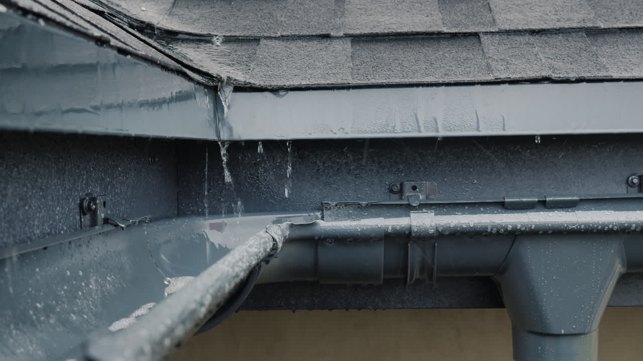 Premium stock video - Rain drain into gutters on the roof of the house 2