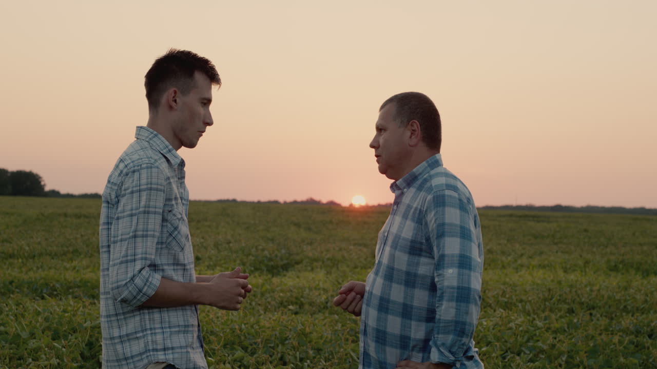 Premium stock video - Two farmers work in a field and study plants and ...