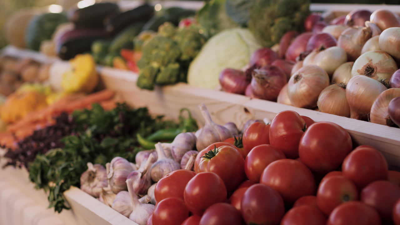 Premium stock video - Vegetable counter at farmers' fair