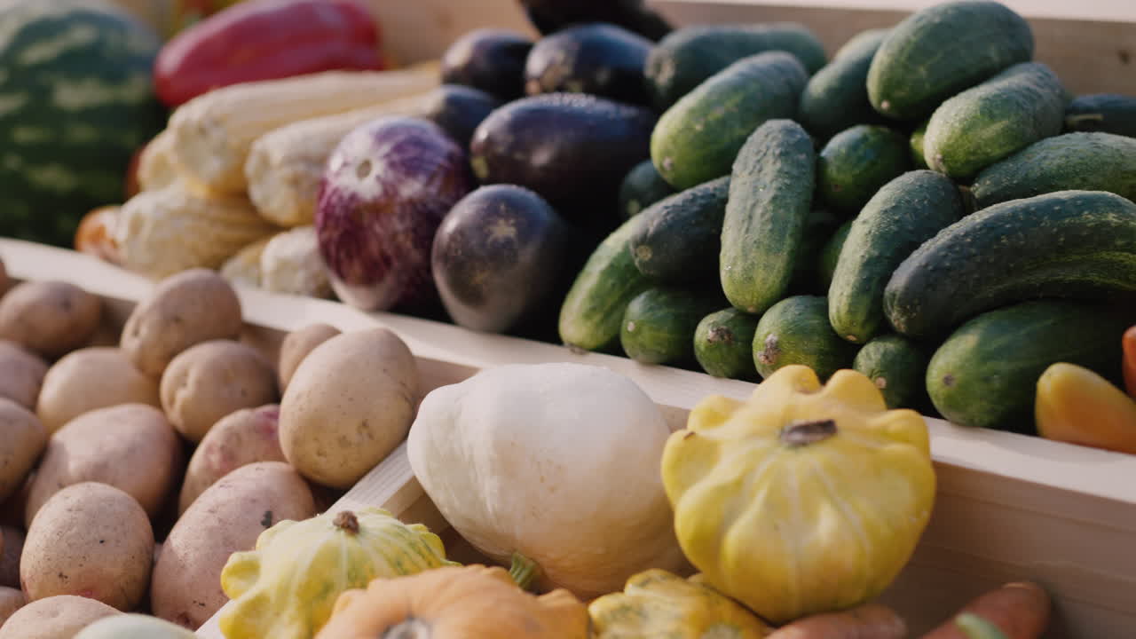 Premium stock video - Vegetable counter at farmers market 2