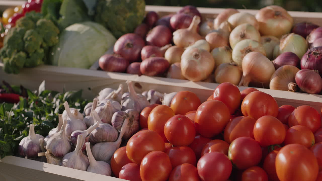 Premium stock video - Counter with seasonal vegetables at the farmers ...