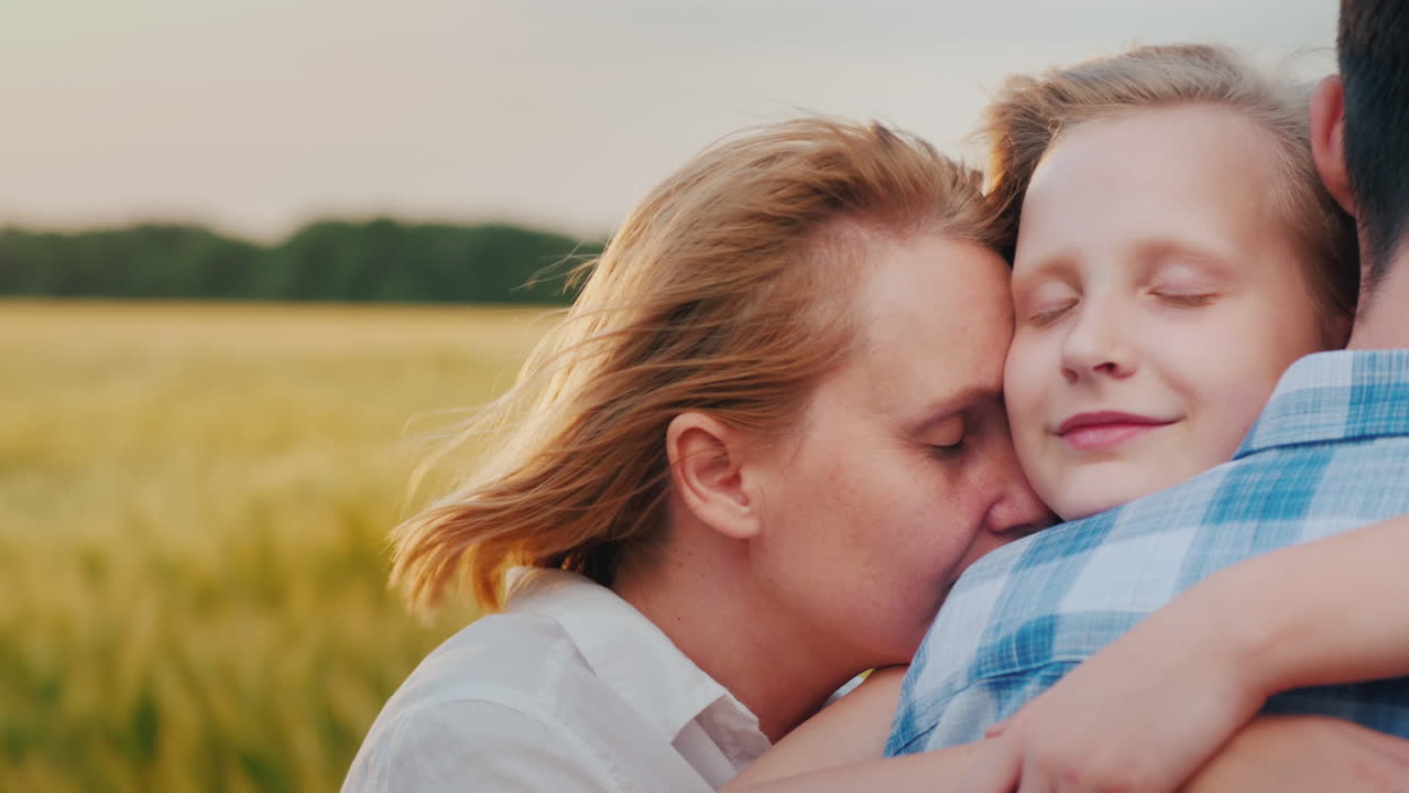 Premium stock video - The family hugs their father against the ...