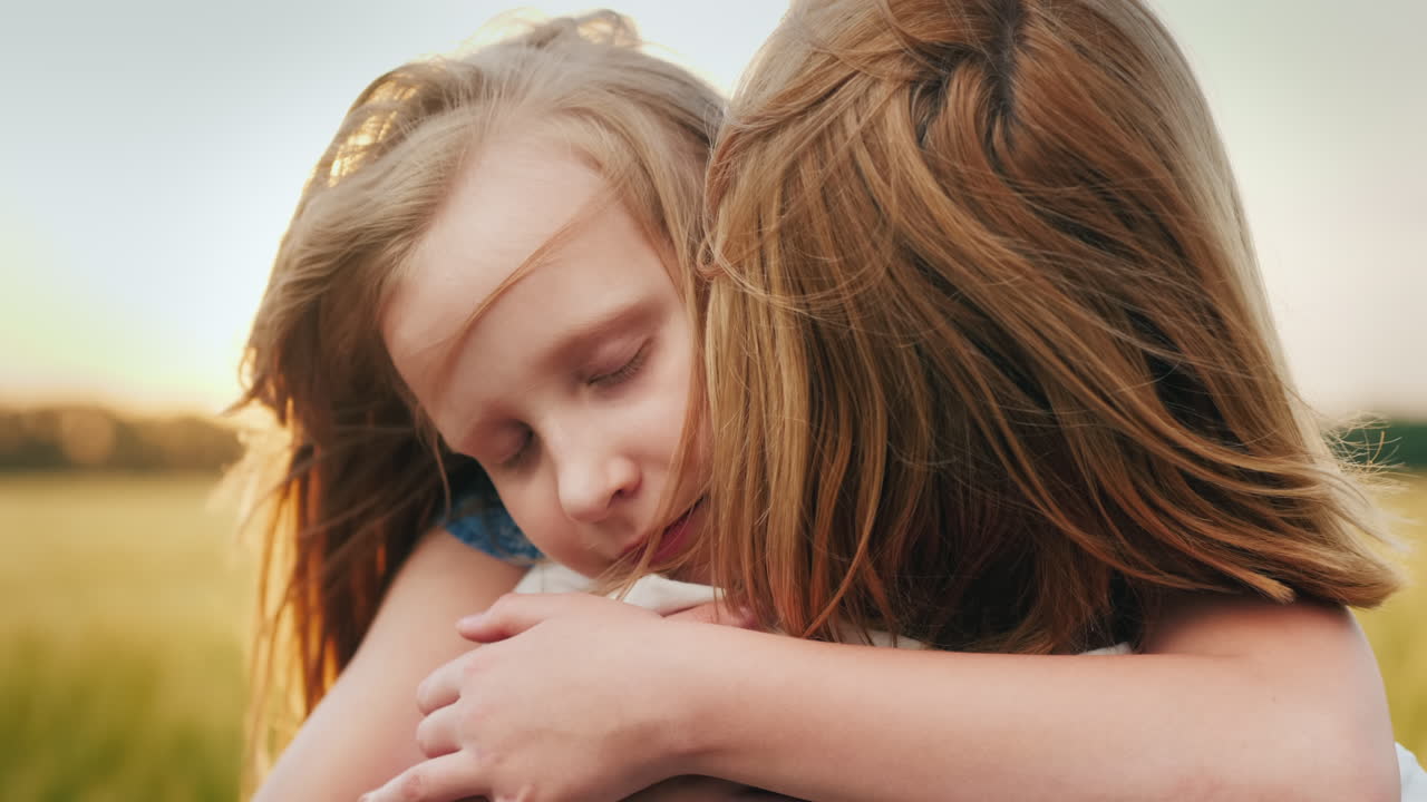 Premium stock video - Mom hugs her daughter at sunset while wind plays ...