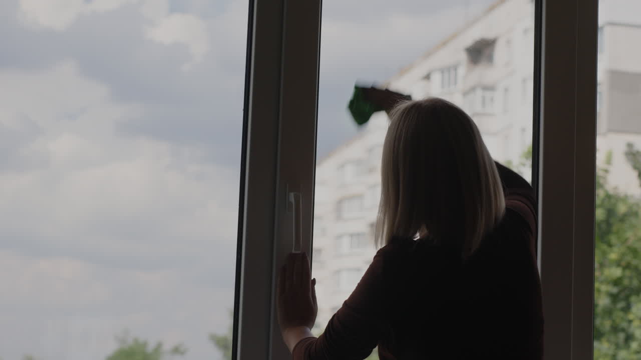 Premium stock video - A woman washes a window in the apartment of a ...