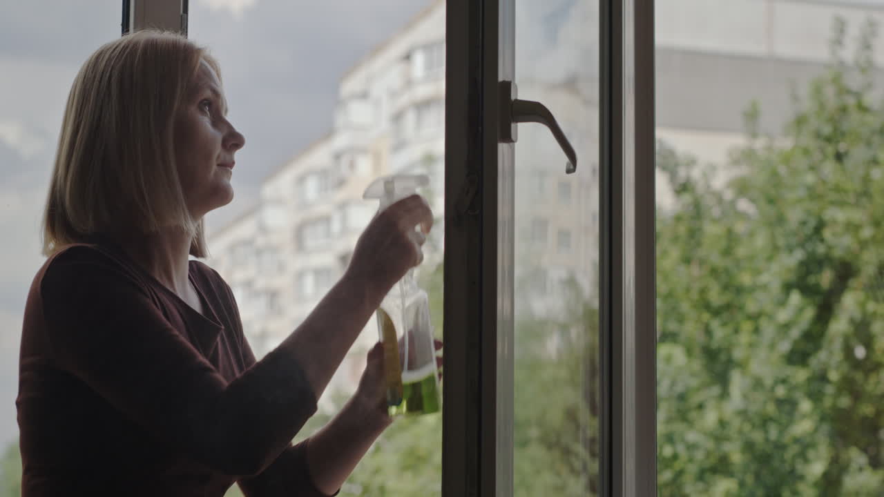 Premium stock video - A woman washes a window in the apartment of a ...