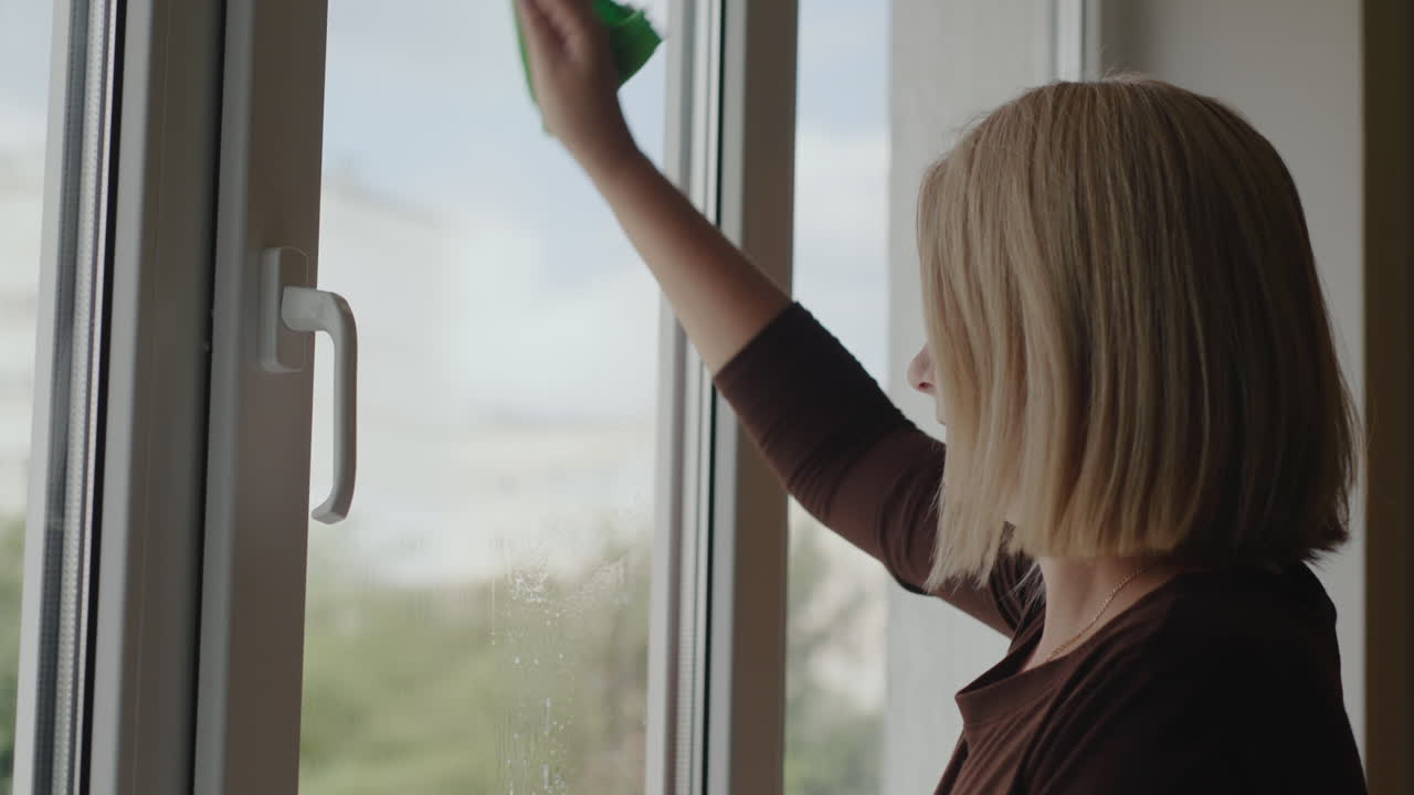 Premium stock video - A woman washes a window in the apartment of a ...