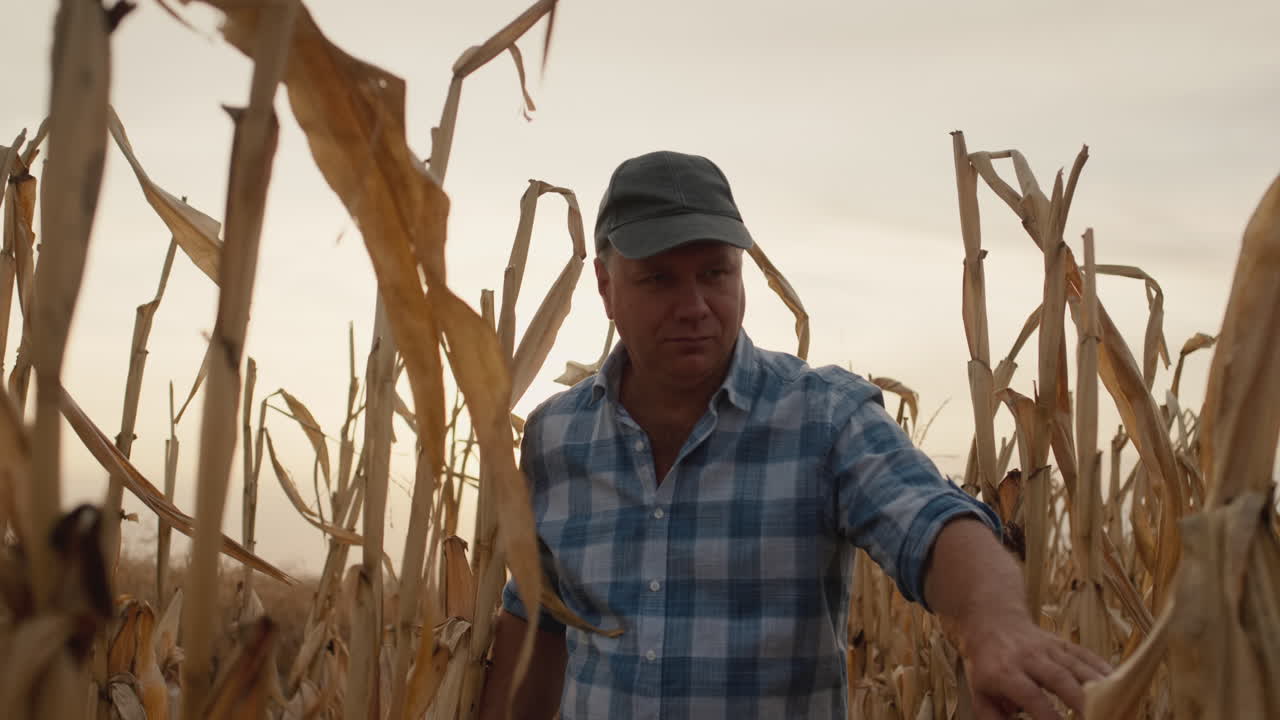 Premium stock video - Farmer walks among tall corn plants in field 1