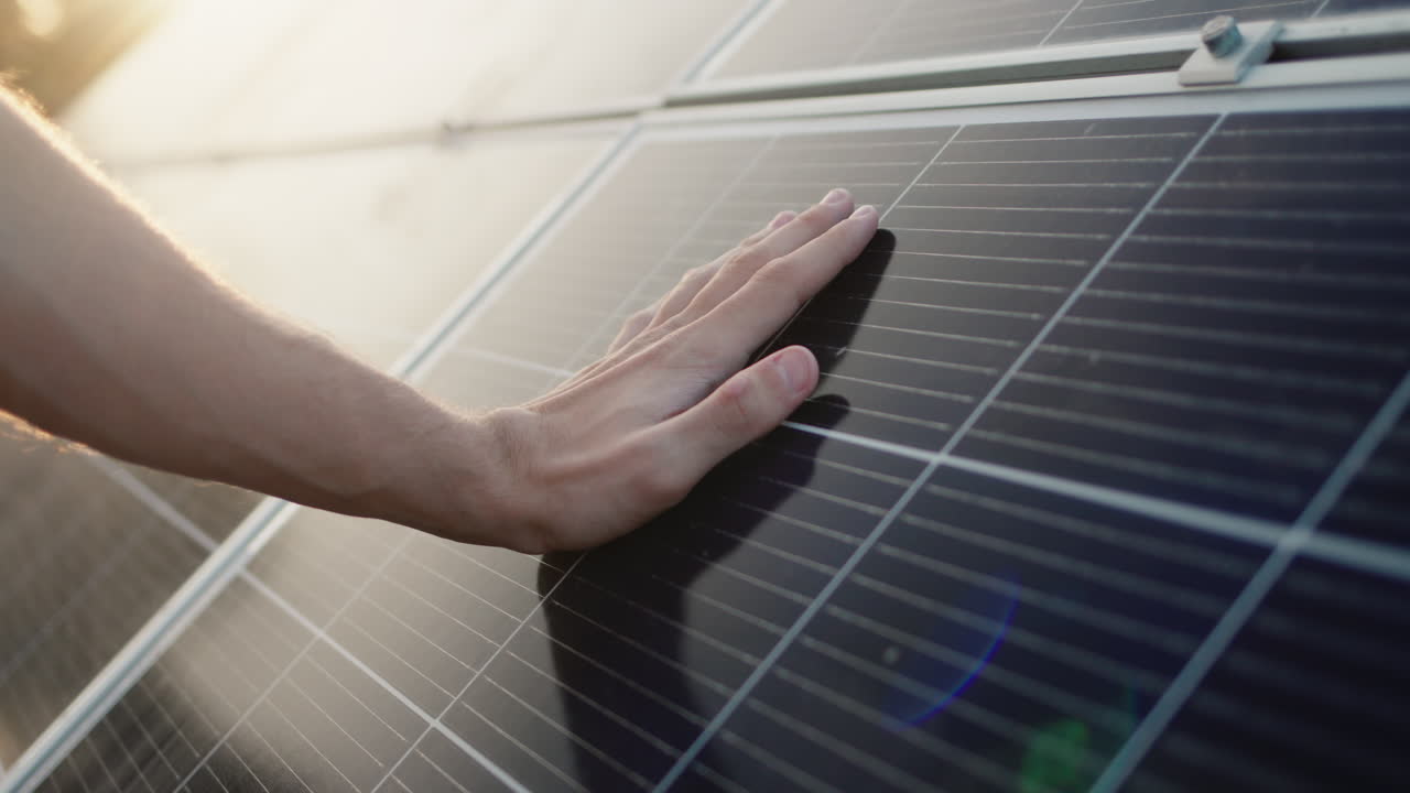 Premium stock video - Men's hand wipes the surface of solar panels