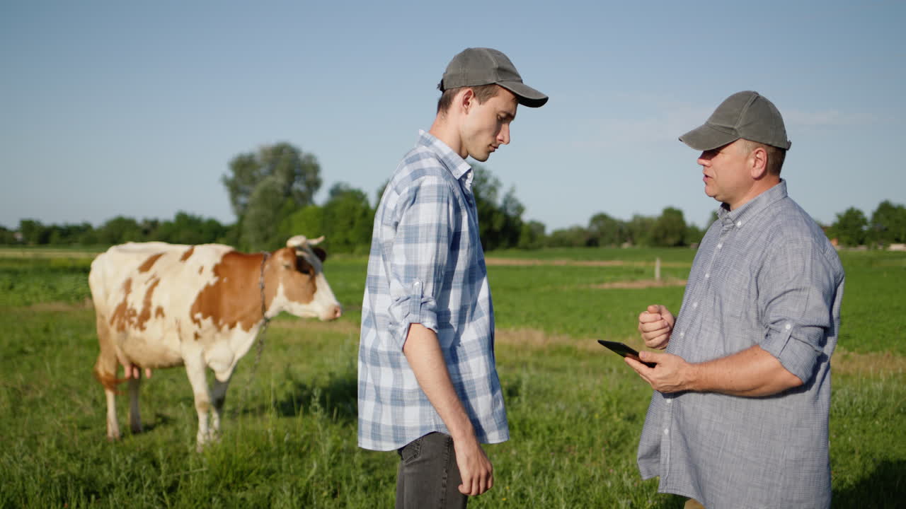 Premium stock video - Farmers shake hands in a pasture