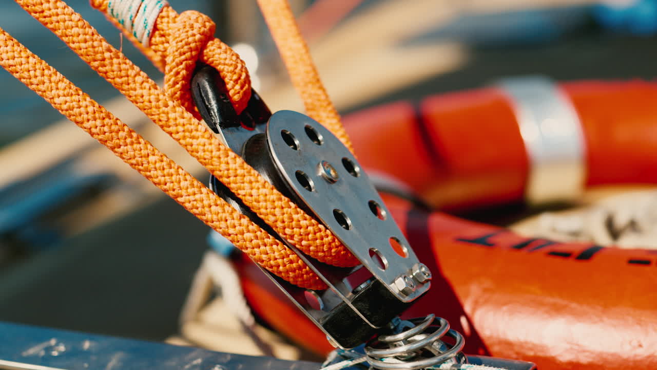 Premium stock video - Rigging with ropes and blocks on the yacht 6