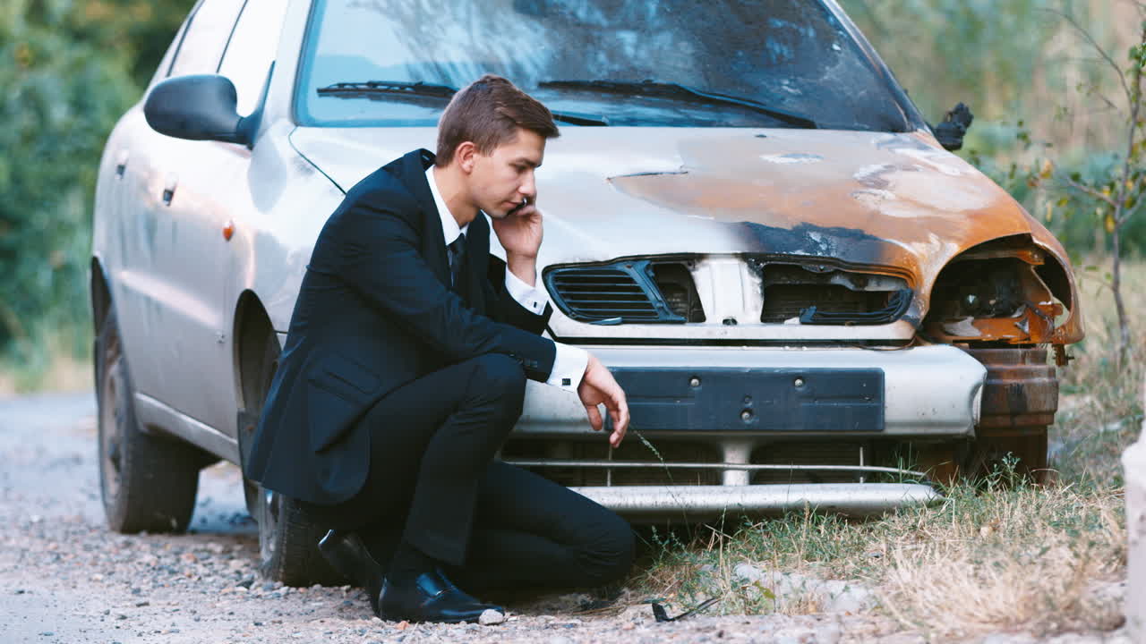 Vídeo Premium - Un hombre con traje inspecciona un auto después de un ...