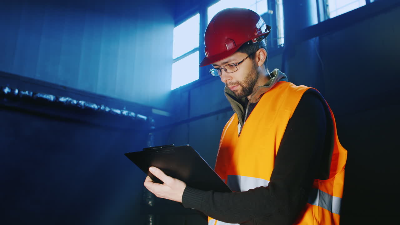 Premium stock video - An engineer works in a warehouse and uses a tablet 15