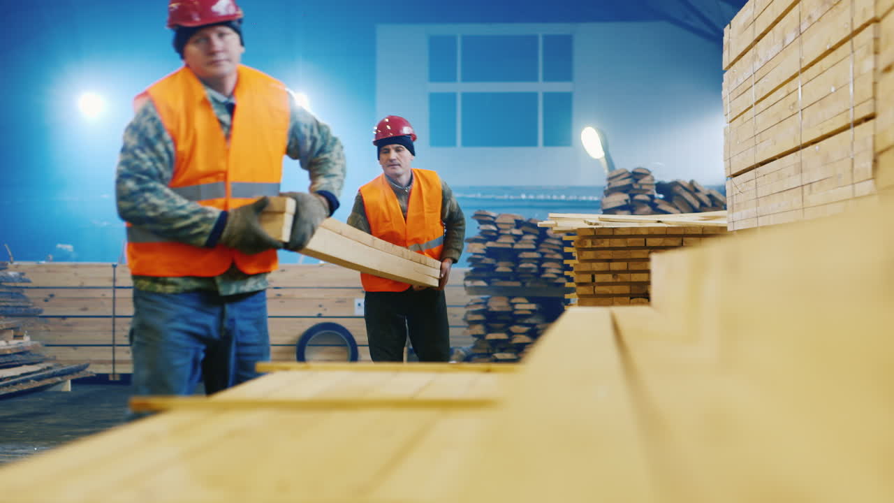 Premium stock video - A group of workers moves wood slats in stock 4