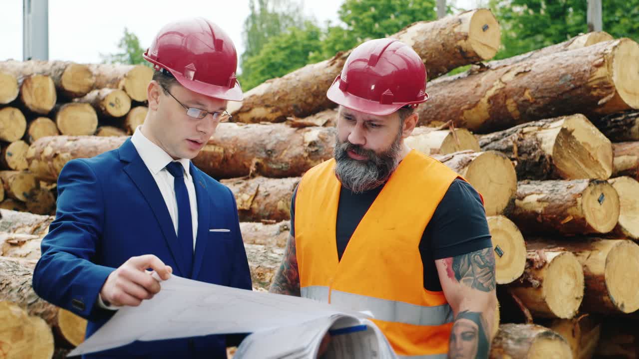 Premium stock video - Two engineers study the drawings with scaffolding ...