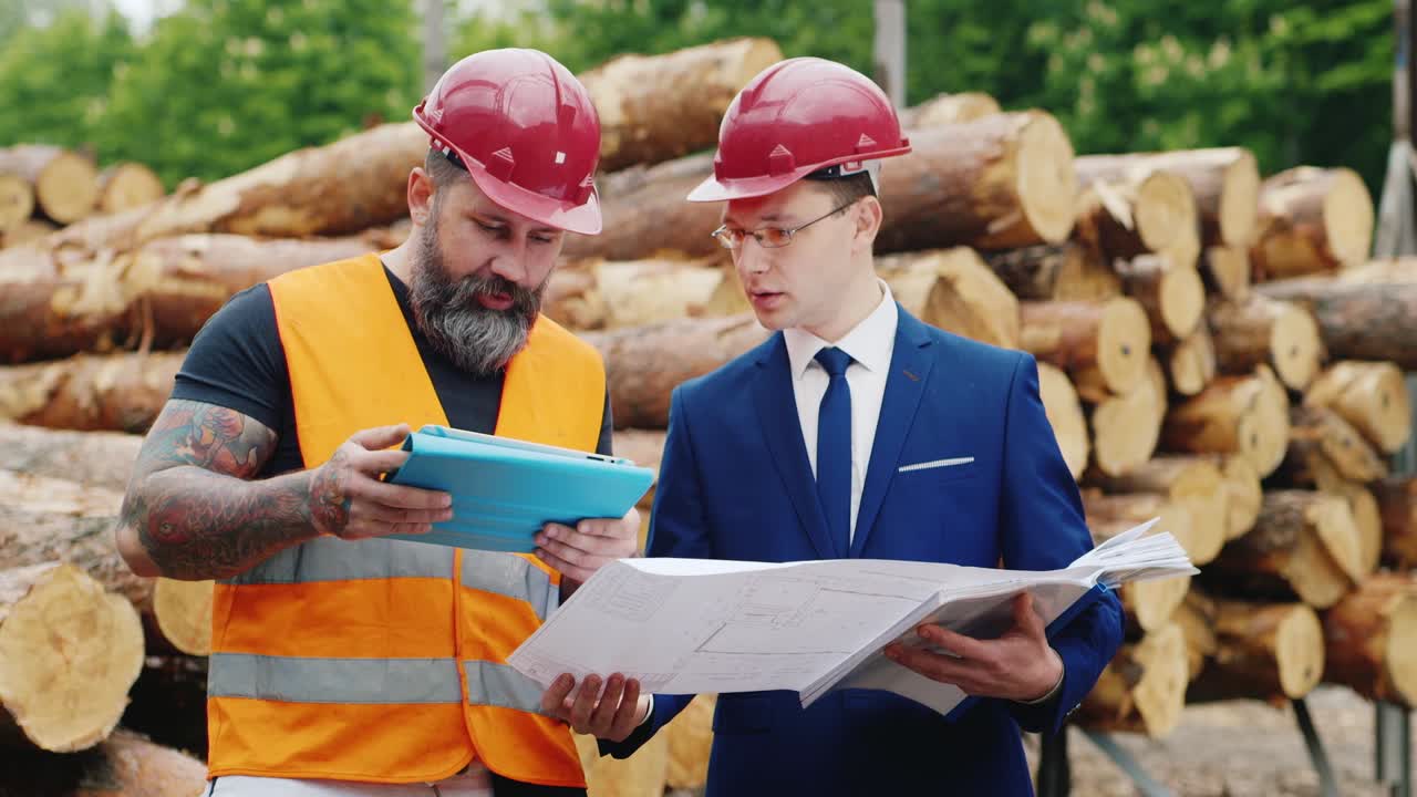 Premium stock video - Two engineers study the drawings with scaffolding ...