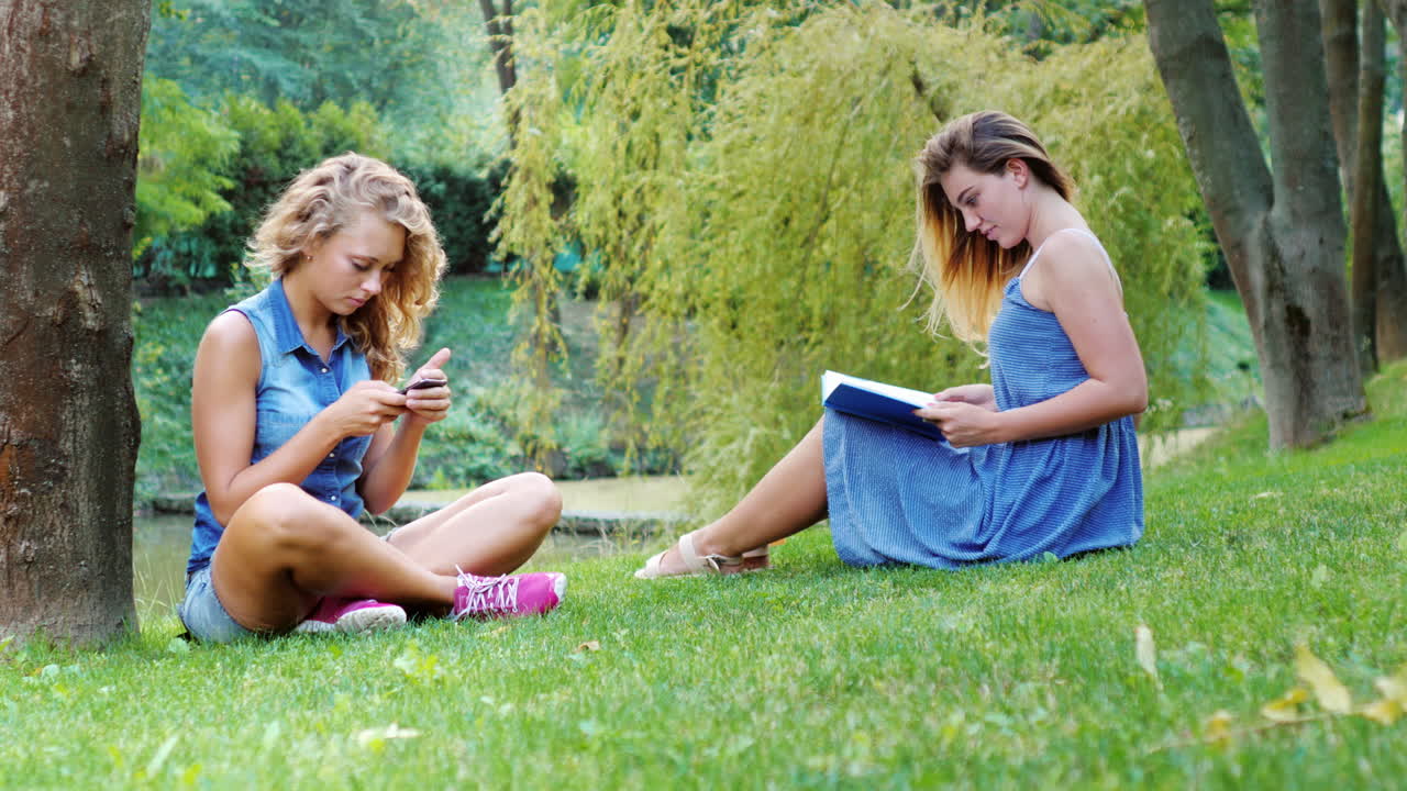 Premium stock video - Two friends relax in the park sitting on the ...