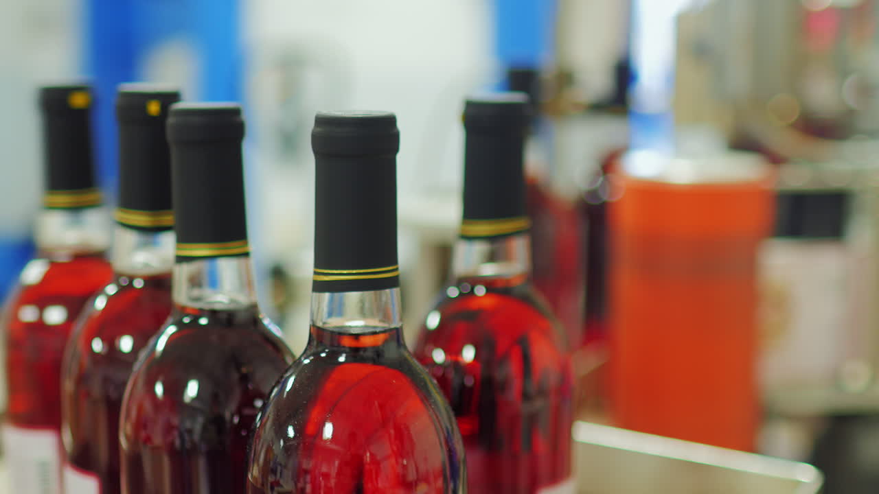 Premium stock video - Bottles of red wine move on a conveyor belt 6