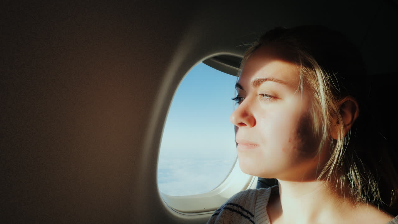 Premium stock video - A female passenger looks out the window of the ...