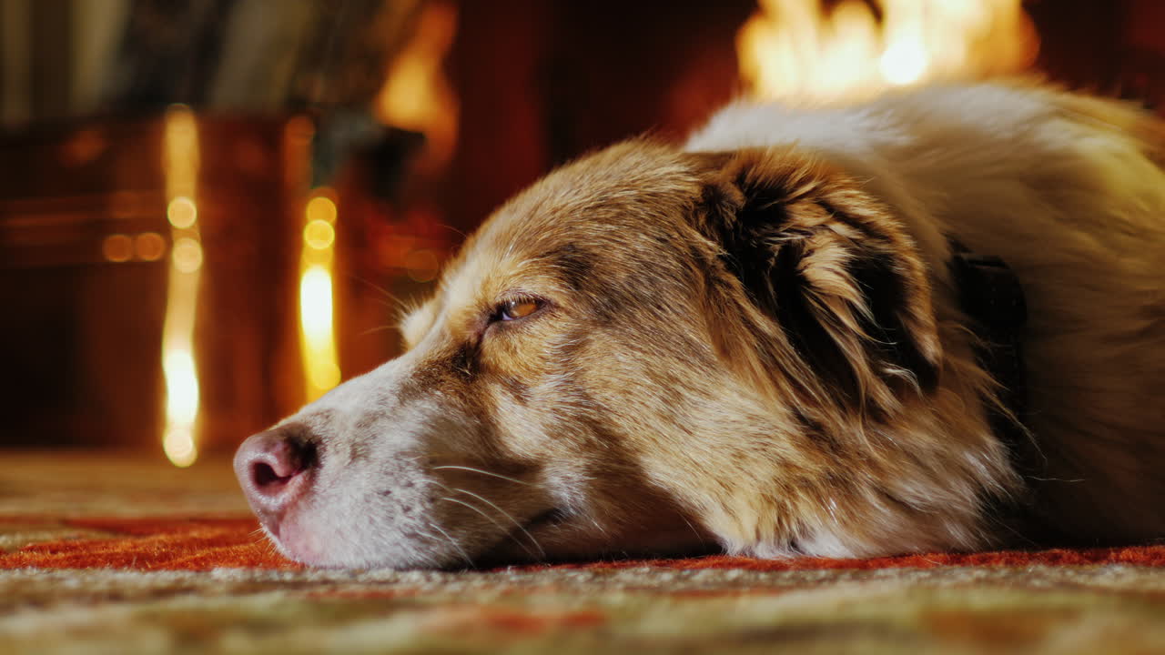 Premium stock video - The dog is dozing on the floor near the fireplace ...
