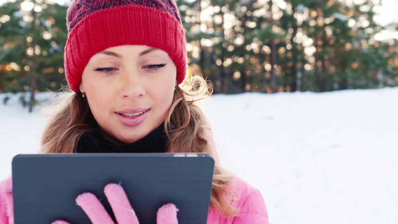 Premium 스톡 영상 - 눈 덮인 숲에서 gps 내비게이션이 있는 태블릿을 사용하는 젊은 여성 6