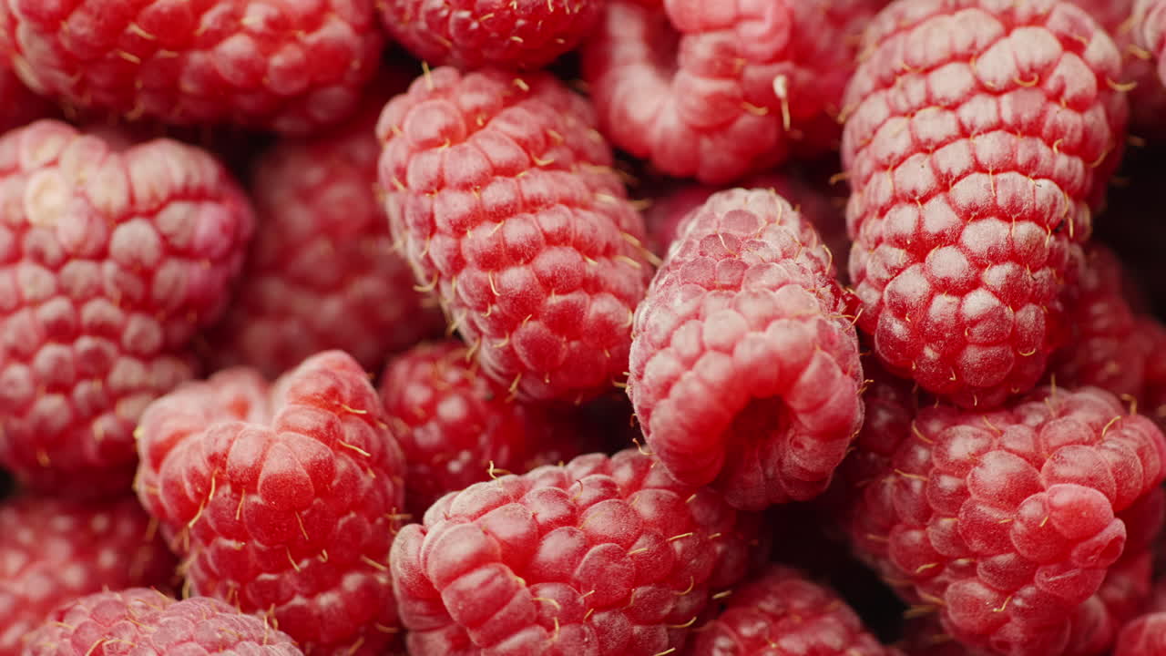 Premium stock video - Juicy red raspberries spin on white background