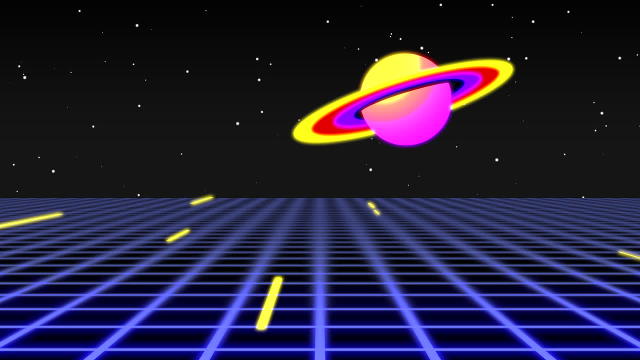 Premium stock video - Retro neon landscape with planet and blue grid in ...