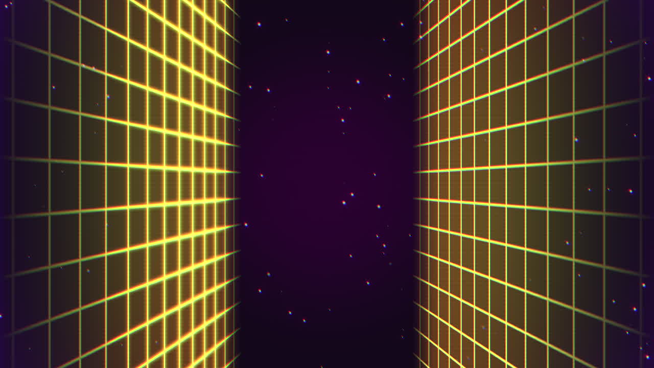 Premium stock video - Neon retro yellow grid with laser line in dark galaxy