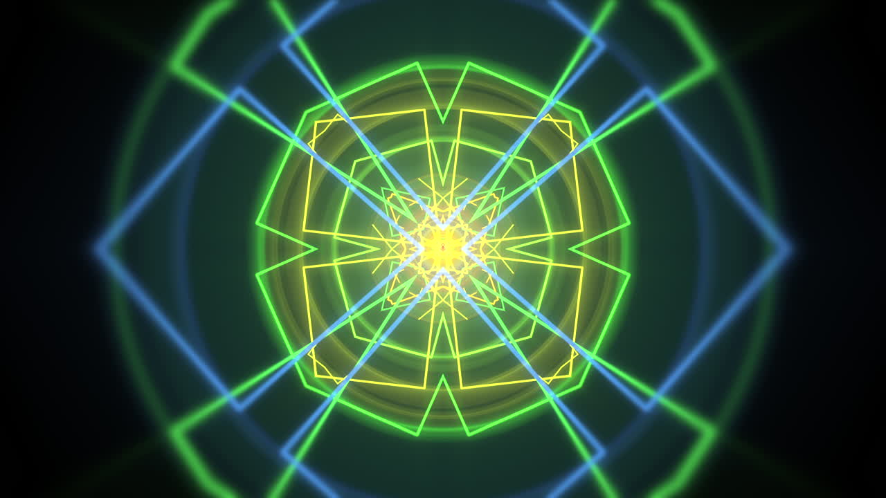 Premium stock video - Neon rainbow geometric shapes in dark space