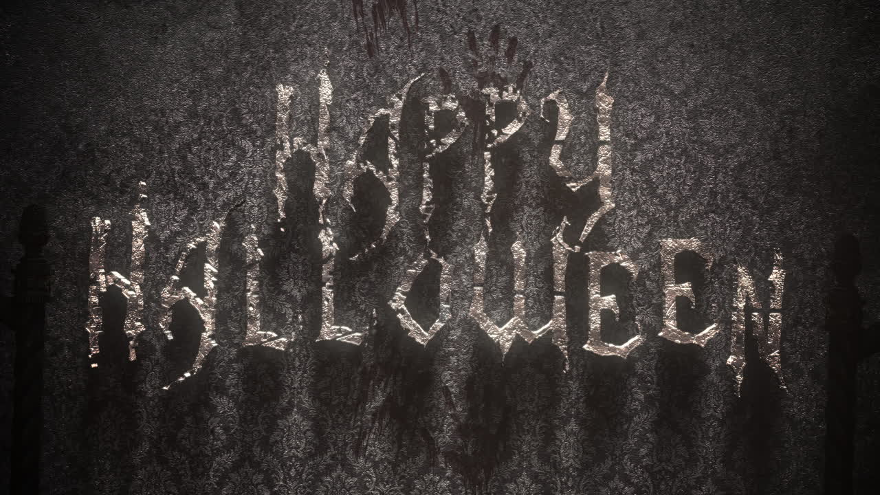 Premium stock video - Happy halloween on horror wall in dark hall of hotel