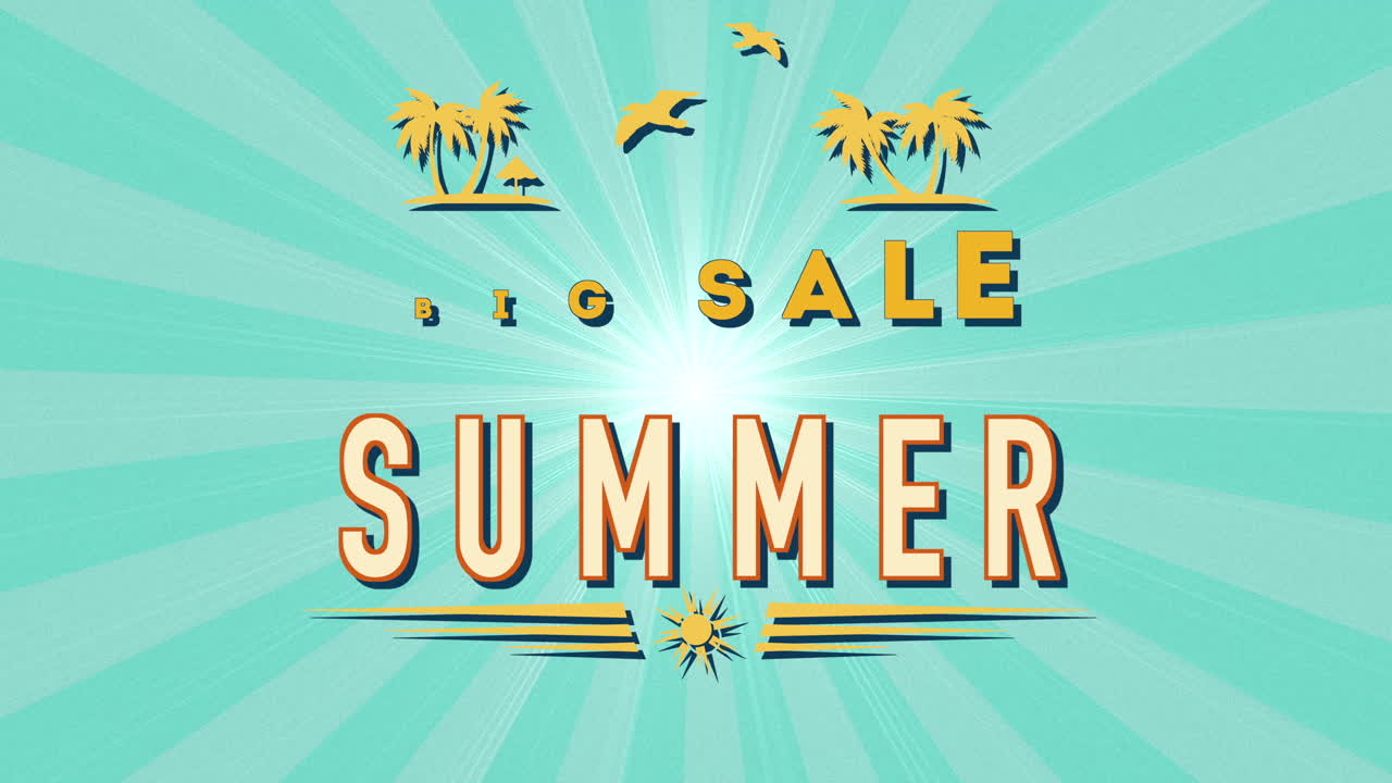 Premium stock video - Summer big sale with fly birds and tropical palms