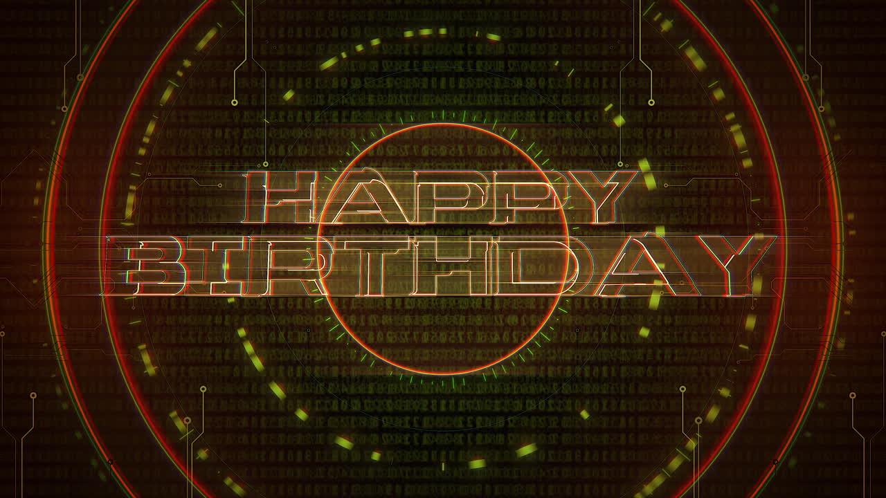 Premium stock video - Happy birthday with cyberpunk and hud elements