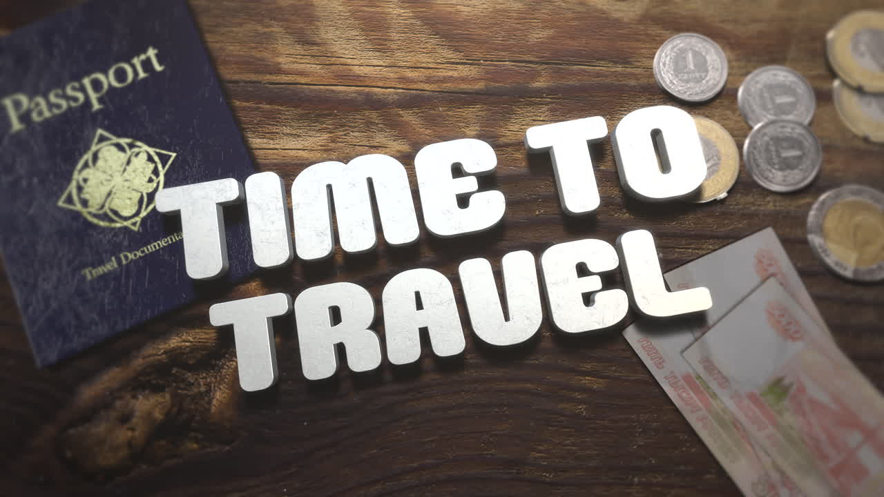 Premium stock video - Time to travel with travel passport and money on wood