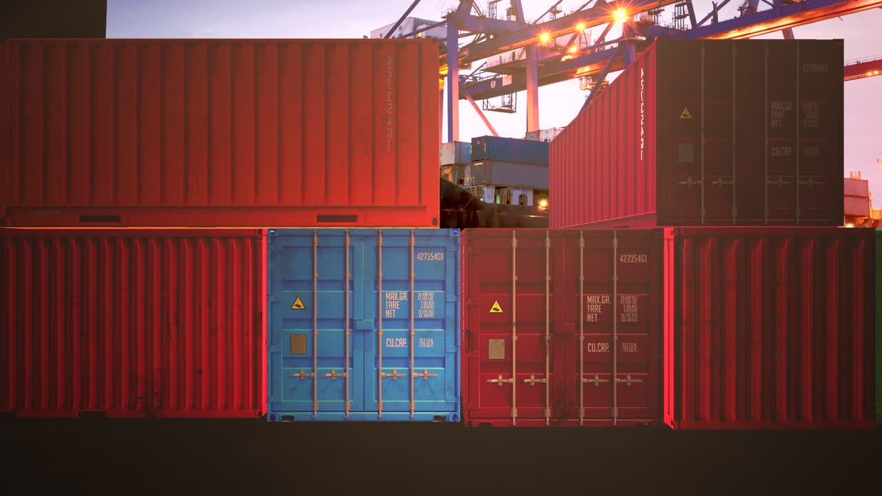 Premium stock video - Cargo containers in commercial dock of ships
