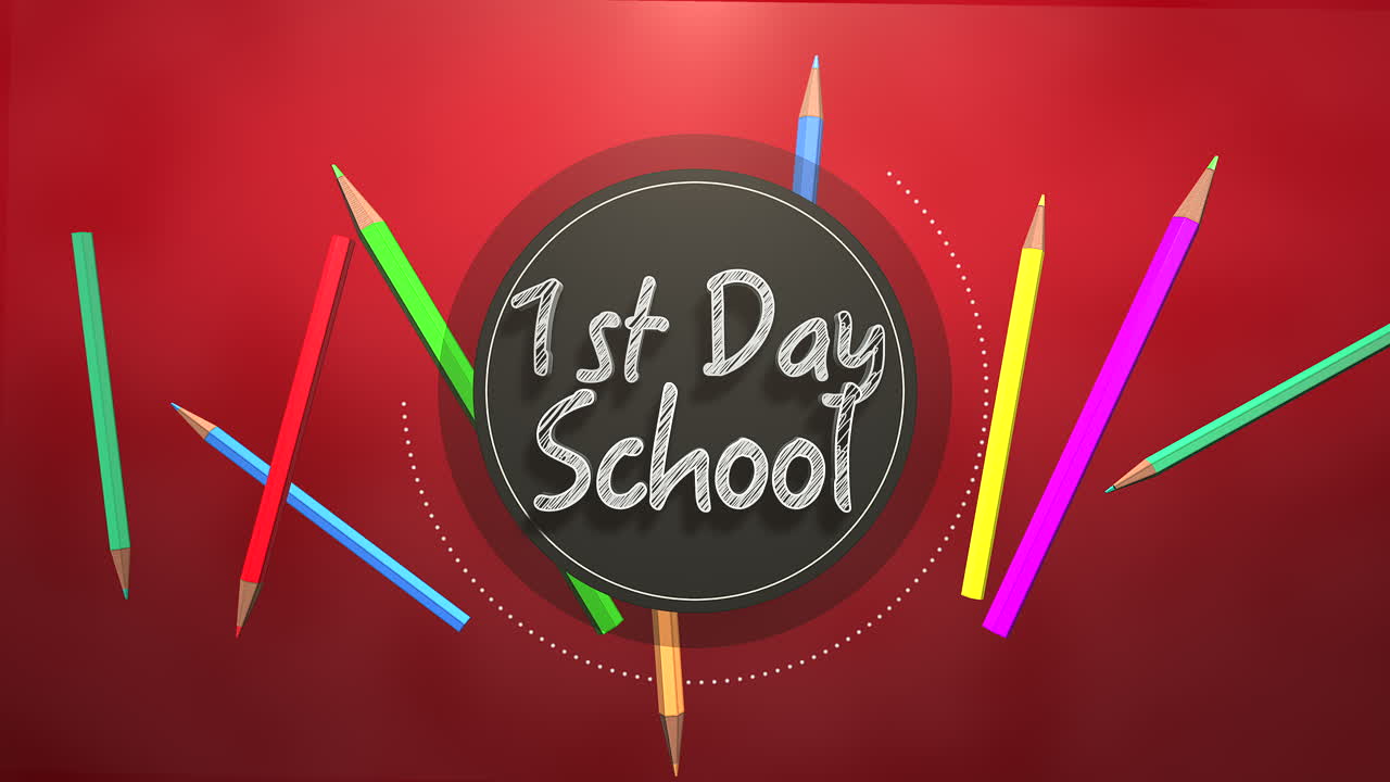 Premium stock video - 1st day of school with kids colorful pencils on red table
