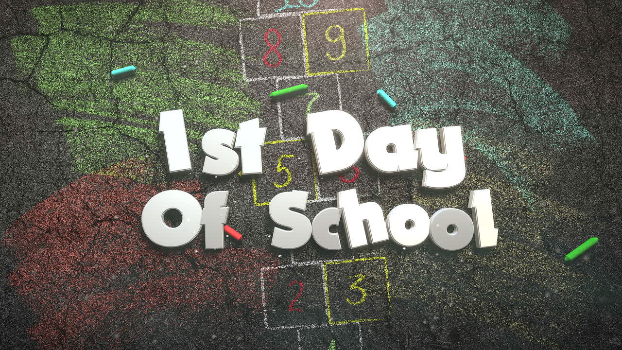Premium stock video - 1st day of school with colorful kids chalk on street